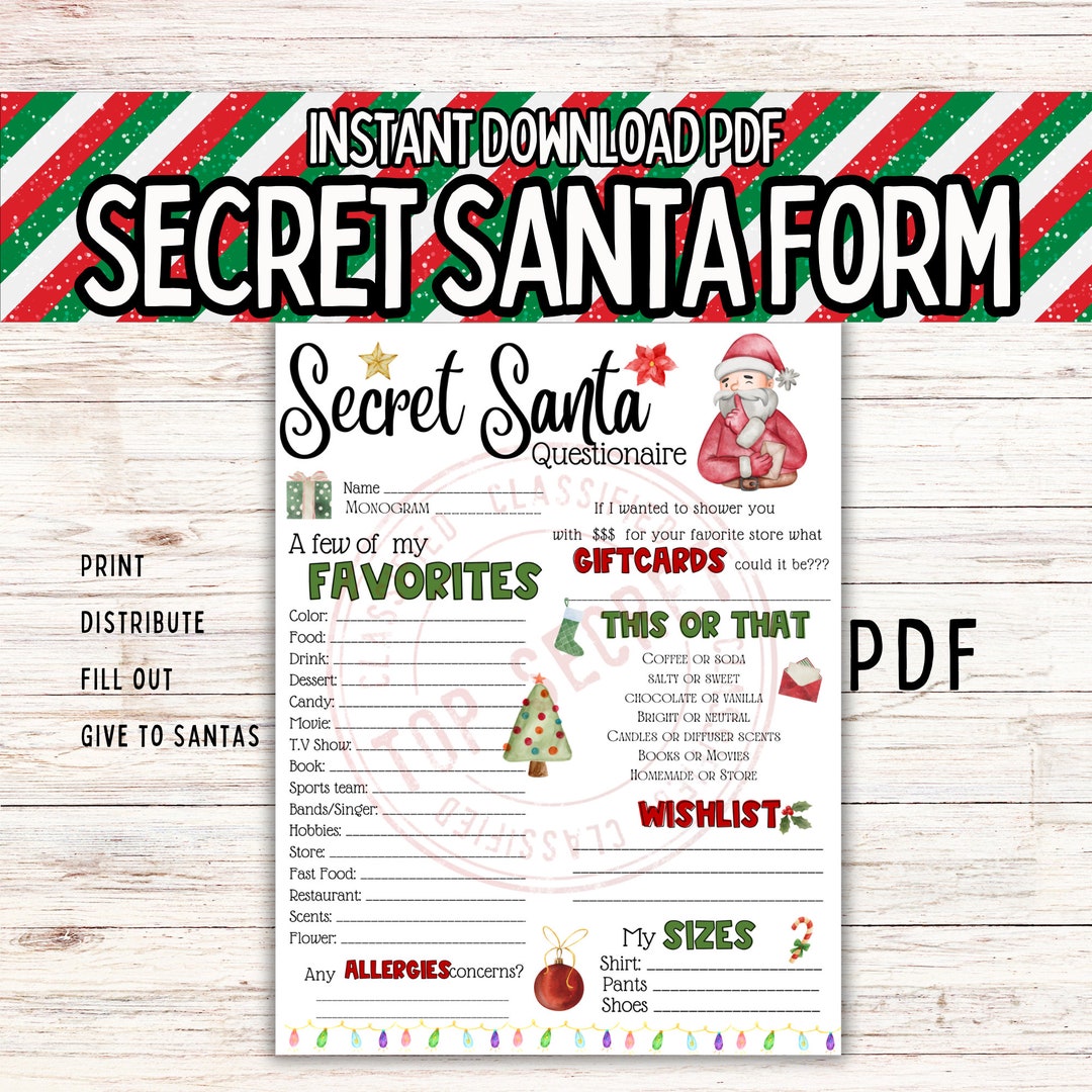 Cuestionario secreto de Santa/ Encuesta de Navidad/ Formulario de ...