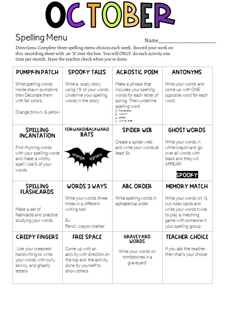 Monthly Spelling Activities BUNDLE Choice Board/ Menu for Homeschool or ...