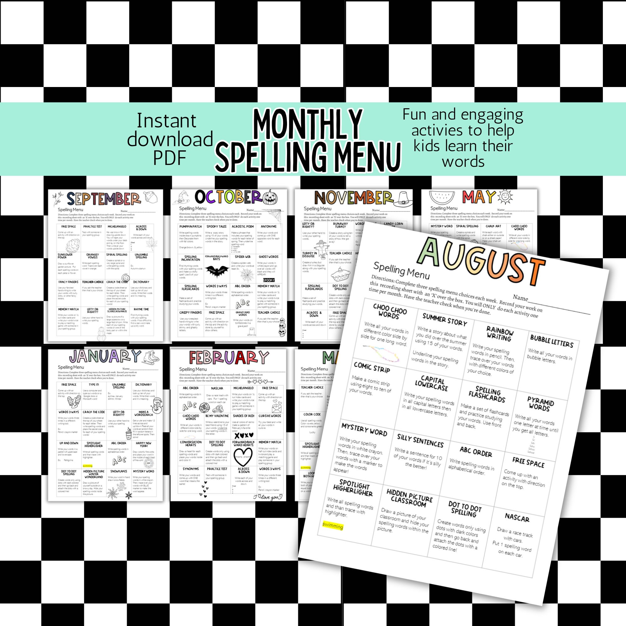 Spelling Choice Board for HOME or SCHOOL - Etsy
