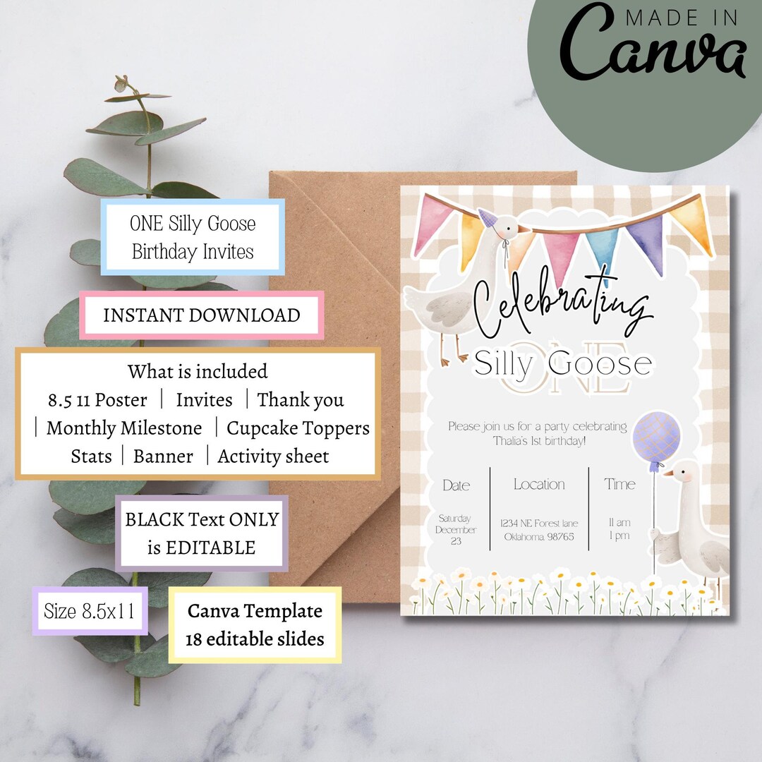 One Silly Goose-birthday Invitation Bundle, First Birthday, Editable ...
