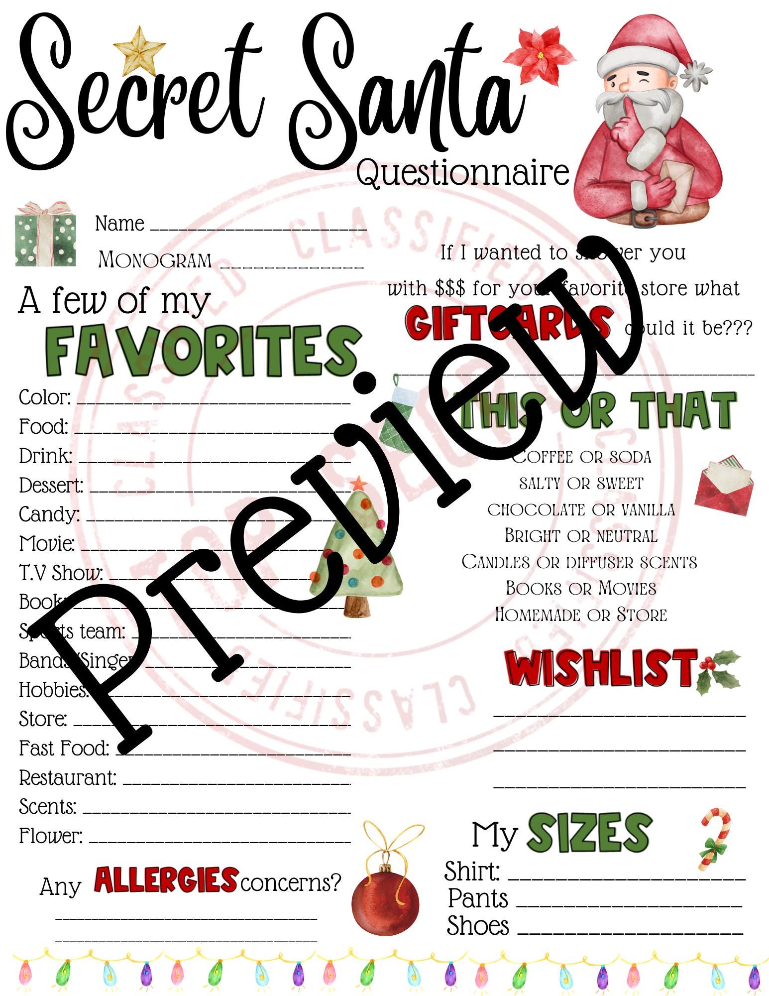 Secret Santa Questionnaire/ Christmas Survey/ Gift Exchange Form/ Xmas ...