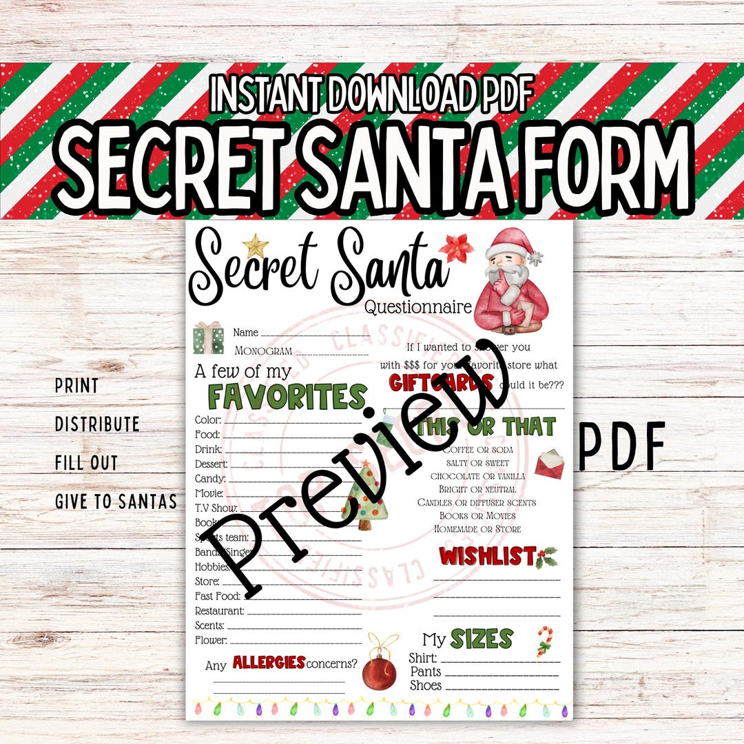 Secret Santa Questionnaire/ Christmas Survey/ Gift Exchange Form/ Xmas ...