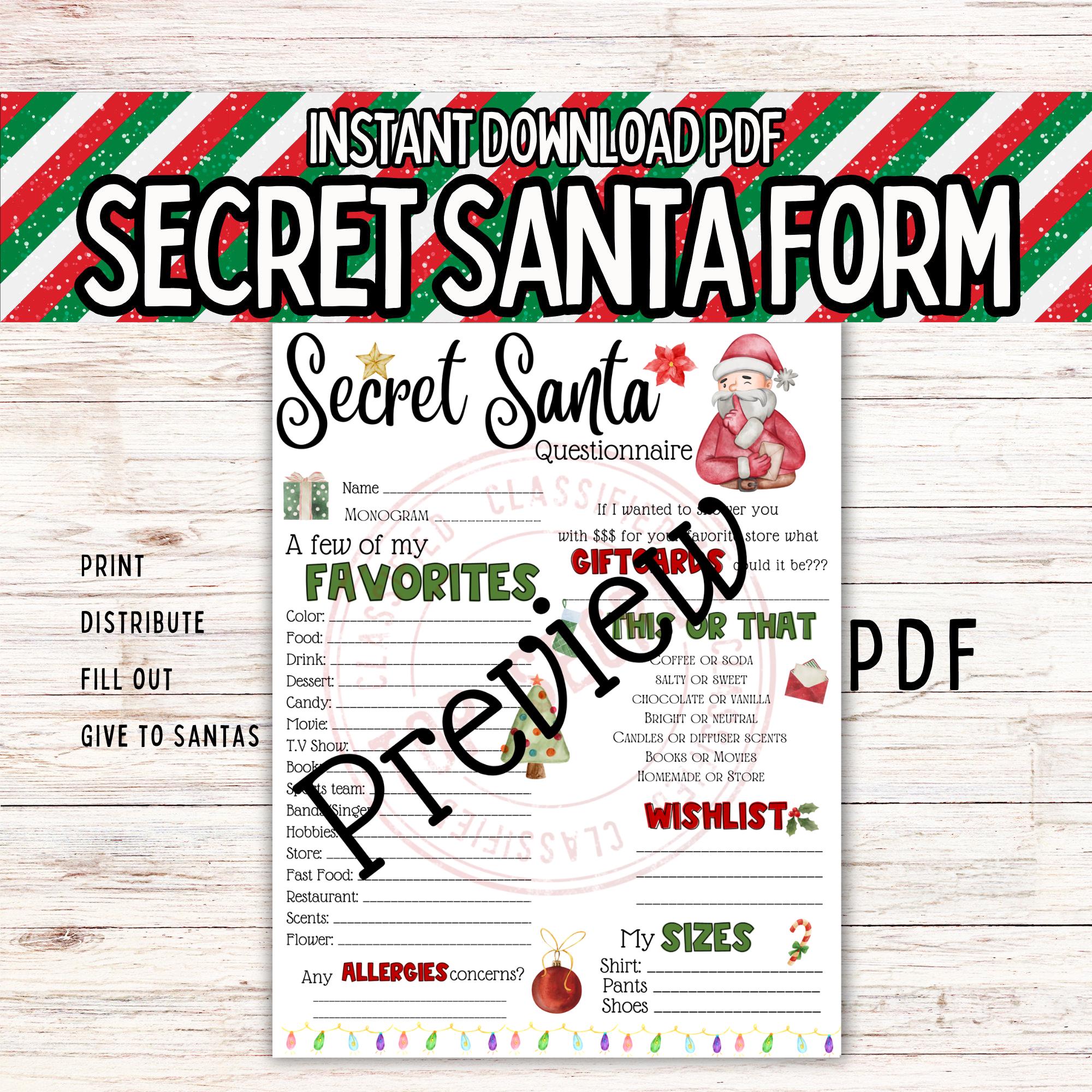 Secret Santa Questionnaire/ Christmas Survey/ Gift Exchange Form/ Xmas ...