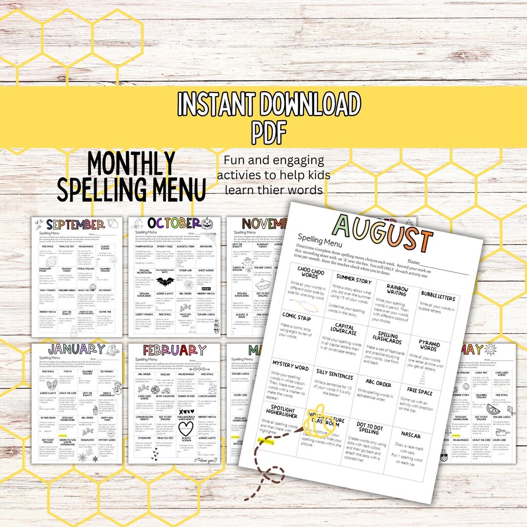 Monthly Spelling Activities BUNDLE - Choice Board/ Menu for Homeschool ...