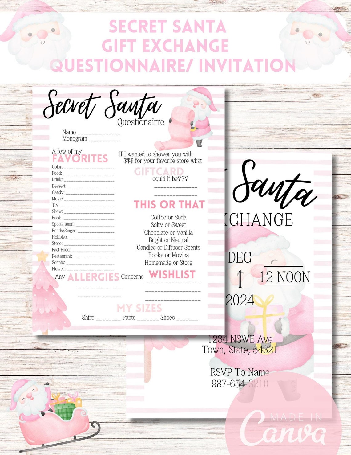 PINK Christmas Secret Santa Questionnaire/ Christmas Survey/ Gift ...