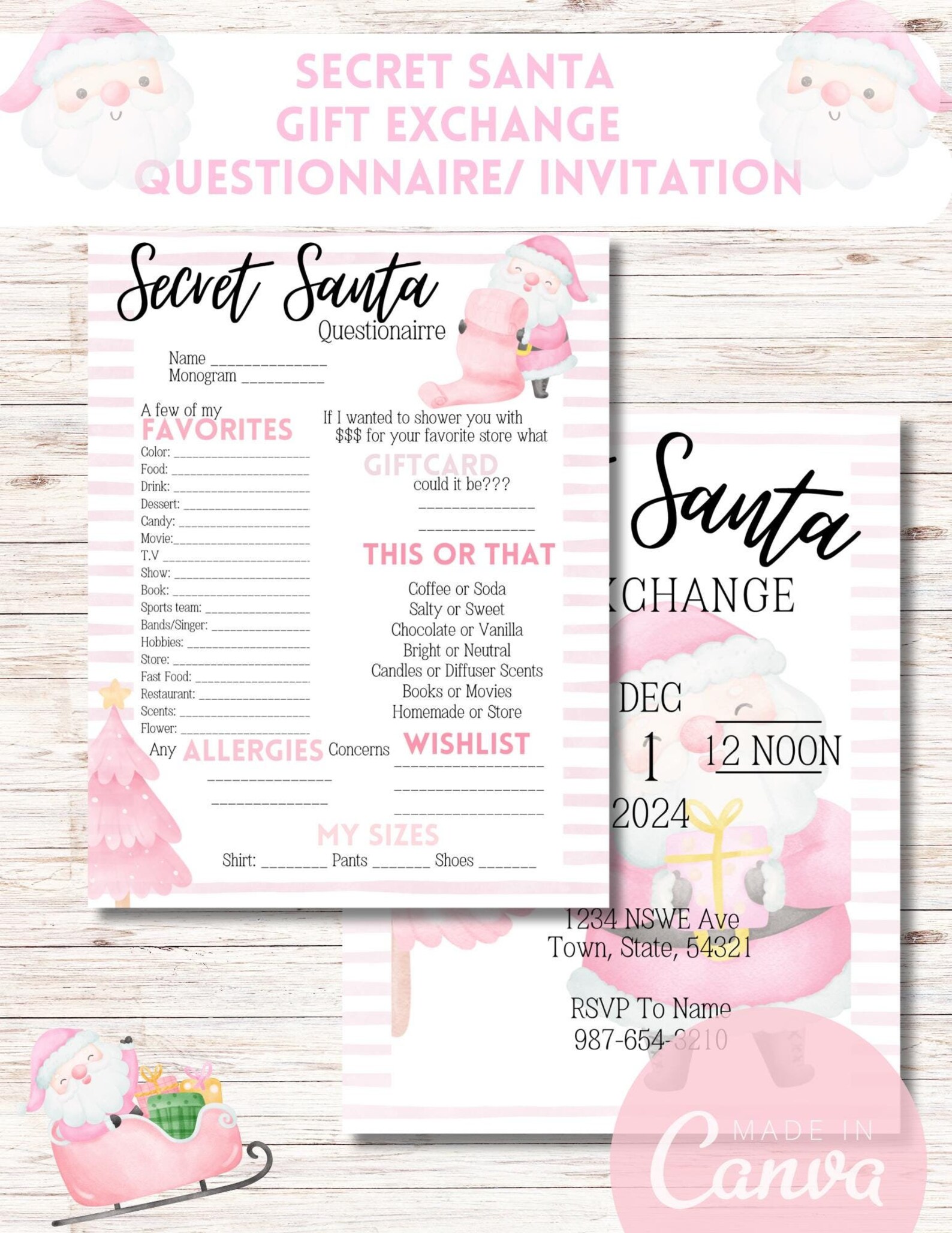 PINK Christmas Secret Santa Questionnaire/ Christmas Survey/ Gift ...