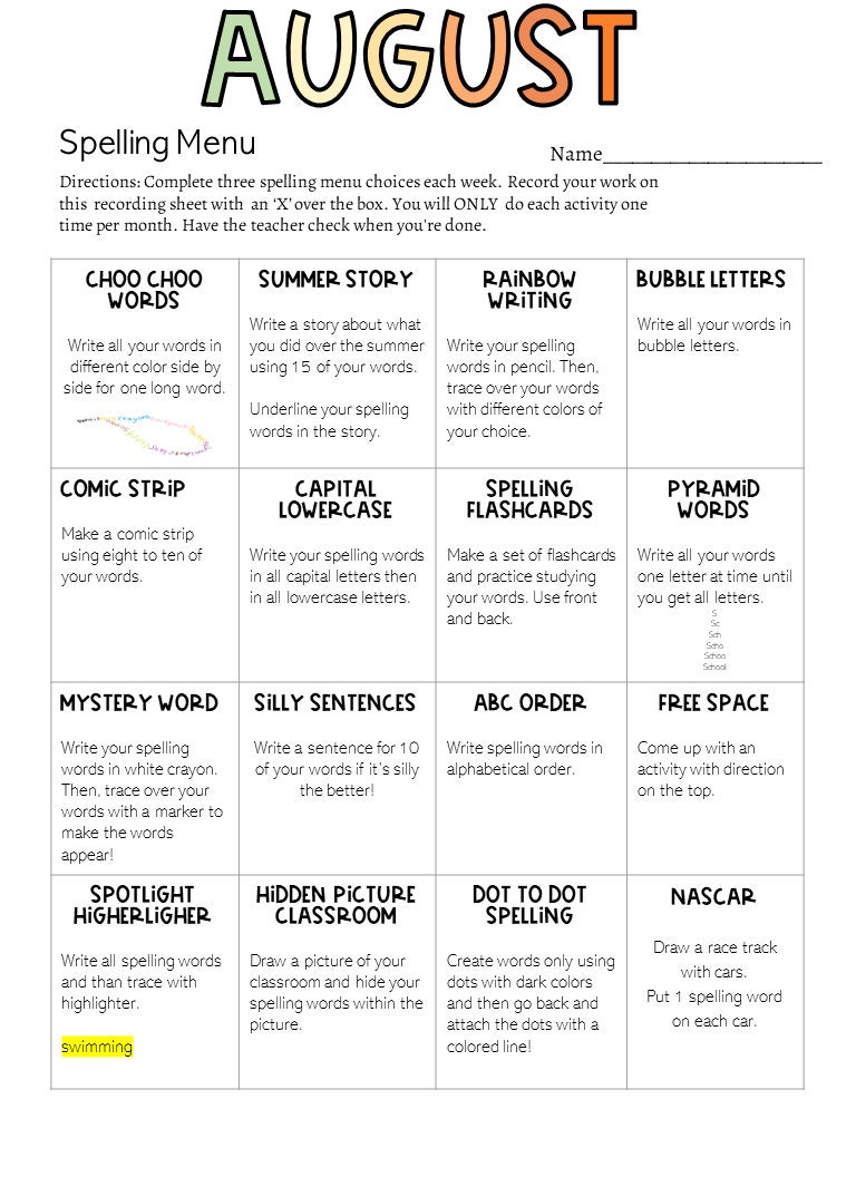 Monthly Spelling Activities BUNDLE - Choice Board/ Menu for Homeschool ...