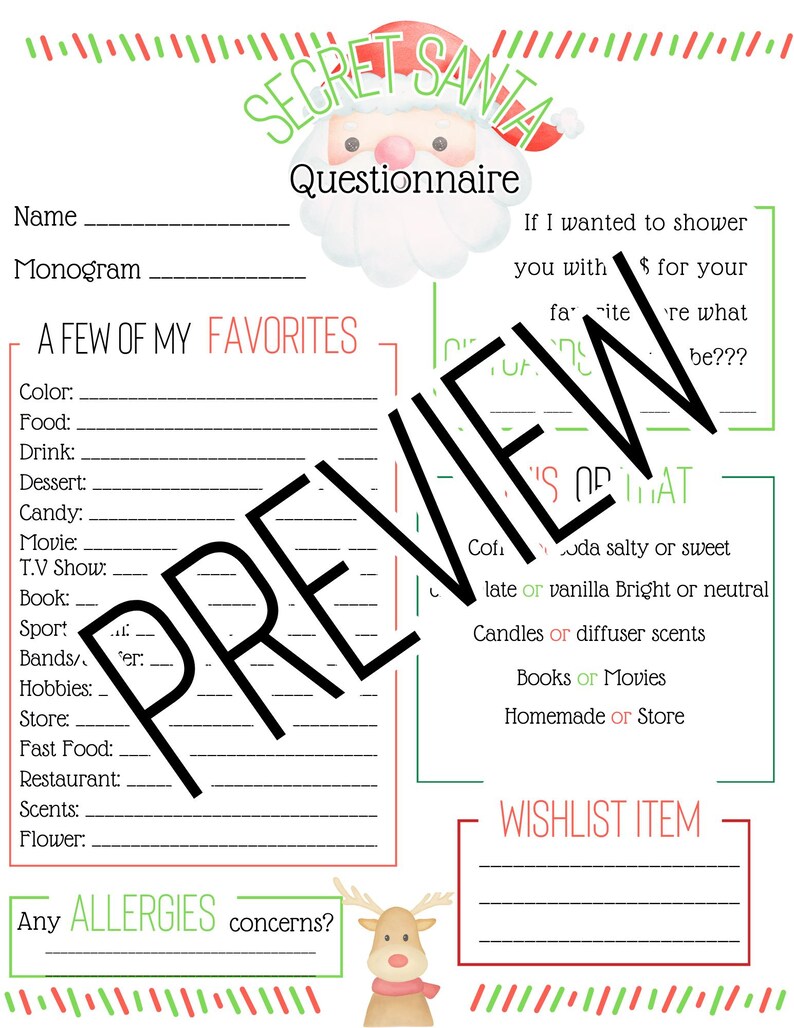 Cute Secret Santa Questionnaire/ Christmas Survey/ Gift Exchange Form ...