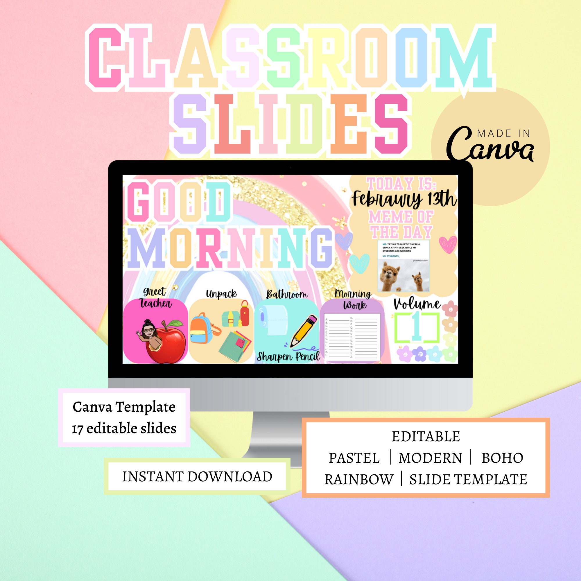 Pastel Modern Boho Rainbow- Canva/classroom Slide/ Morning Board ...