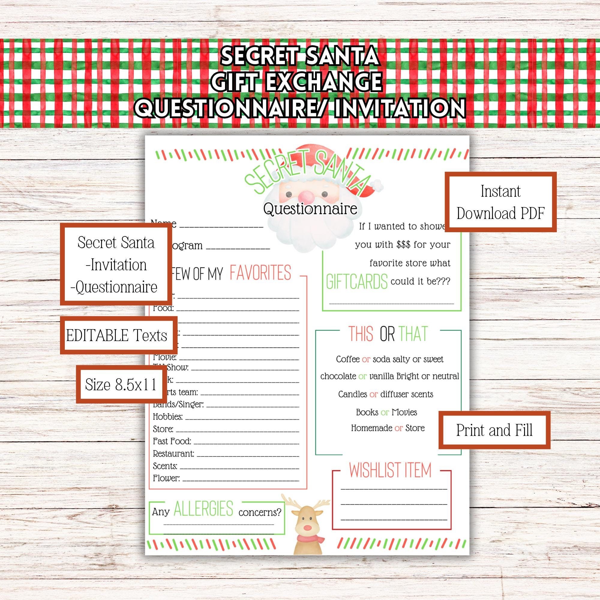 Cute Secret Santa Questionnaire/ Christmas Survey/ Gift Exchange Form ...