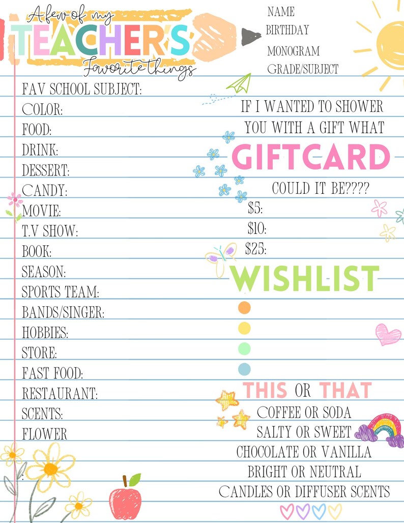 Teacher Favorite Things/ Teacher Survey/ Teacher Questionnaire/ ALL ...