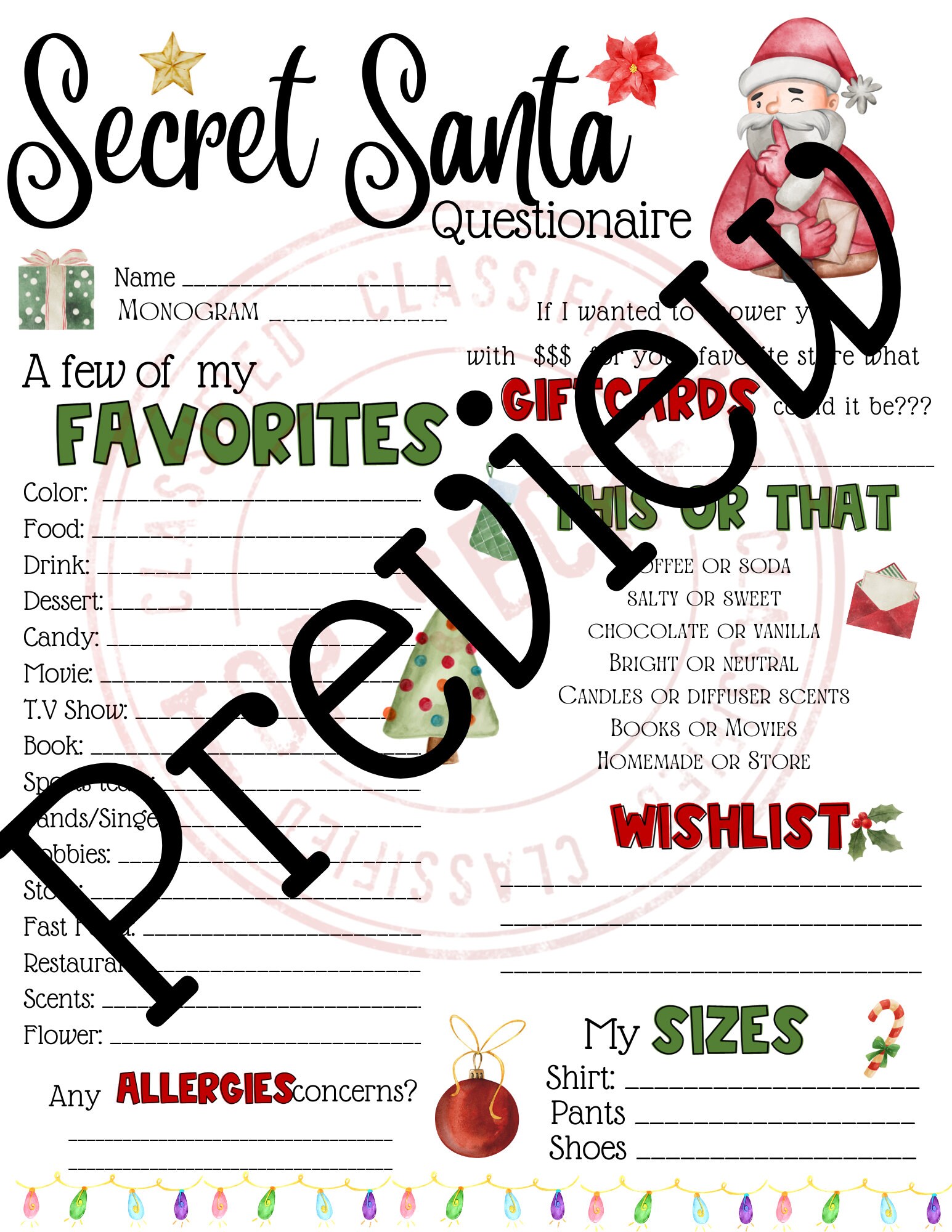 Secret Santa Questionnaire/ Christmas Survey/ Gift Exchange Form/ Xmas ...