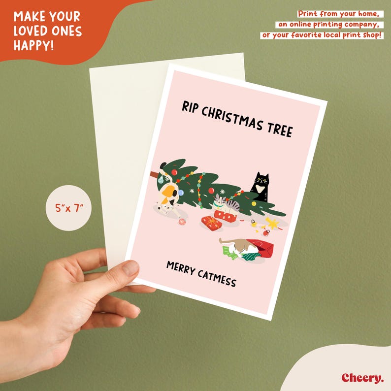 Funny Cat Christmas Card: RIP Tree, Sarcastic Humor (digital Download ...
