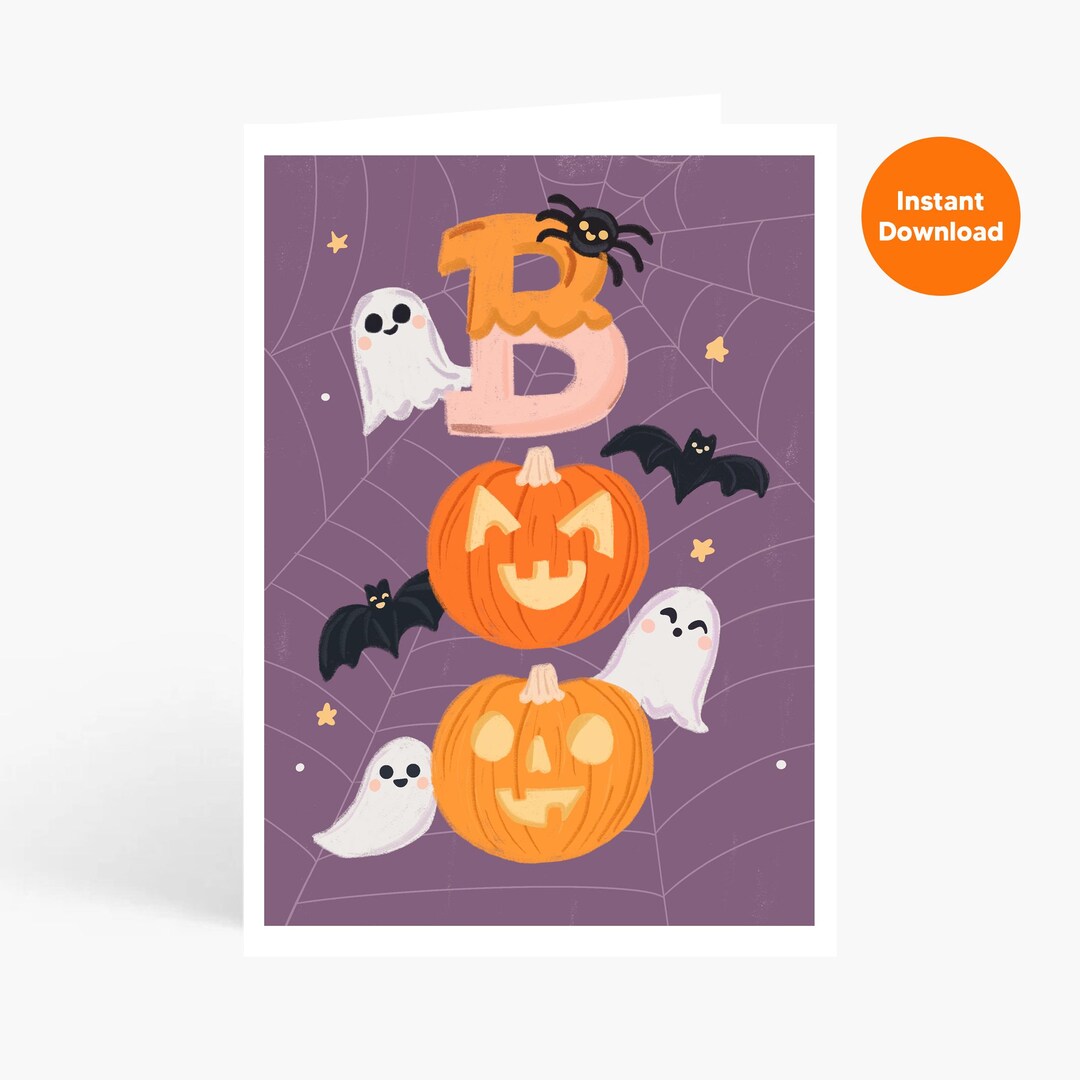 Printable Halloween BOO Card: Ghost & Pumpkin Design (instant Download ...
