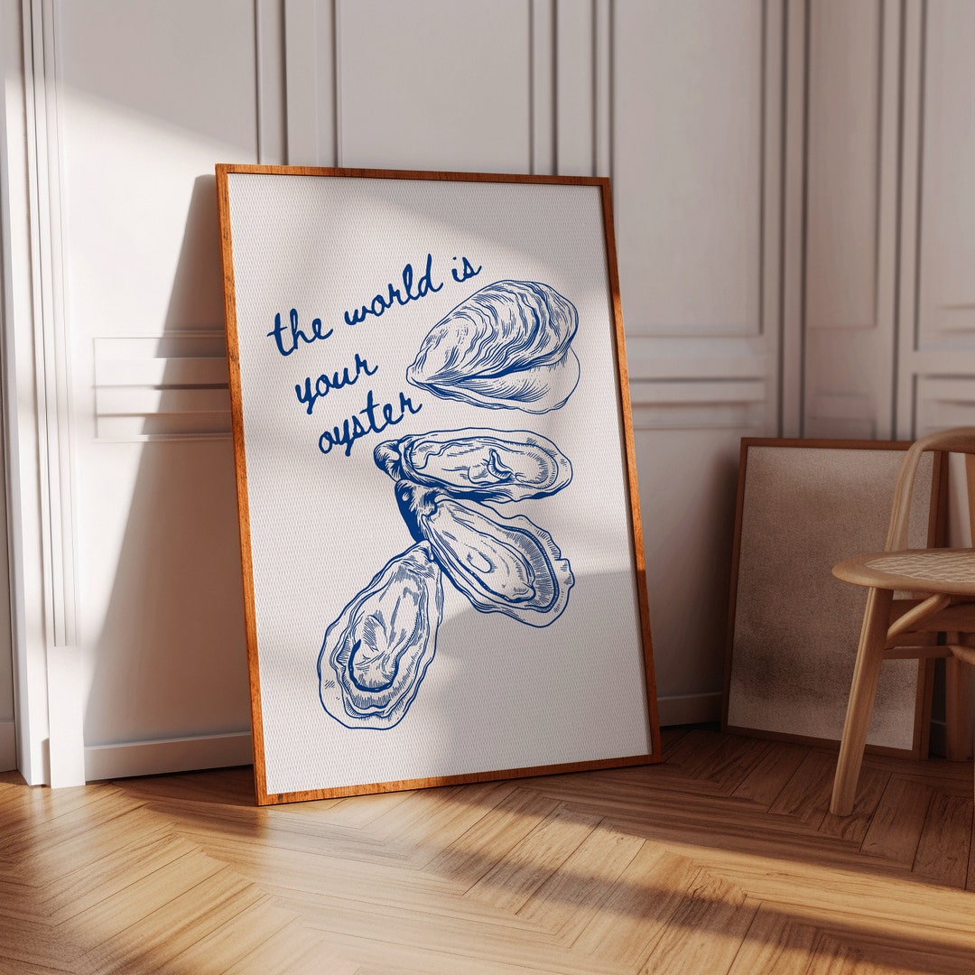 Blue Oyster Illustration Print - Oyster Shells - Blue Kitchen Wall Art ...
