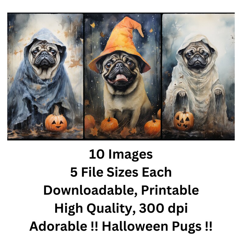 HALLOWEEN PUGS Collection 10 Pieces Spooky Pugs Printable Art Wall Art ...