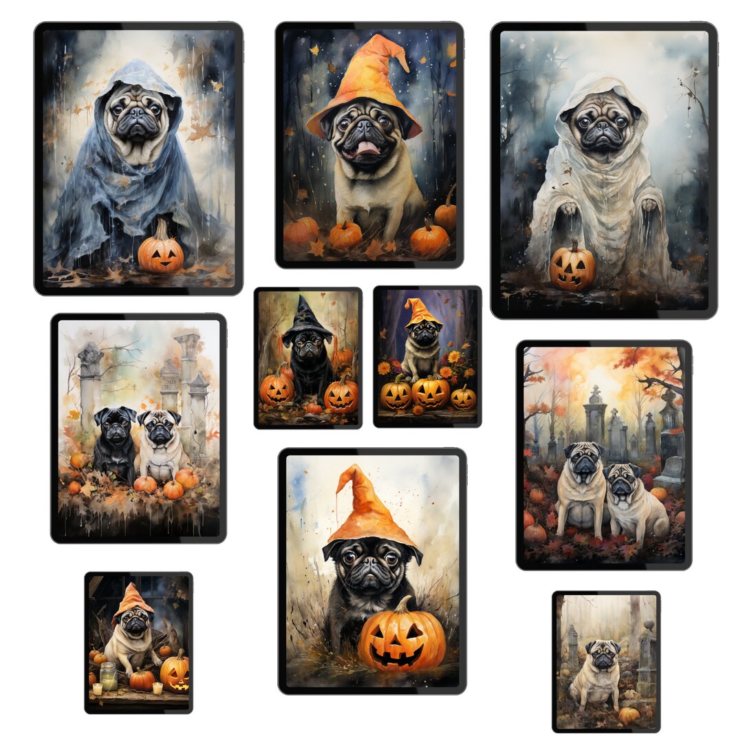HALLOWEEN PUGS Collection | 10 Pieces Spooky Pugs Printable Art | Wall ...