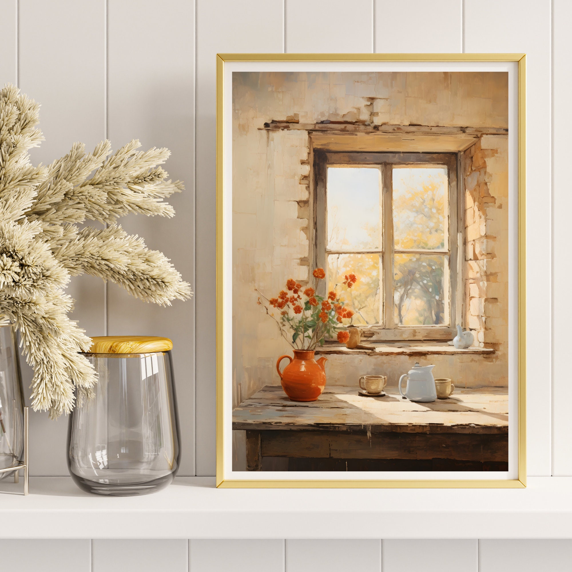 Old Stone Farm Flowers Printable Art Orange Warm Tone Oil Painting ...