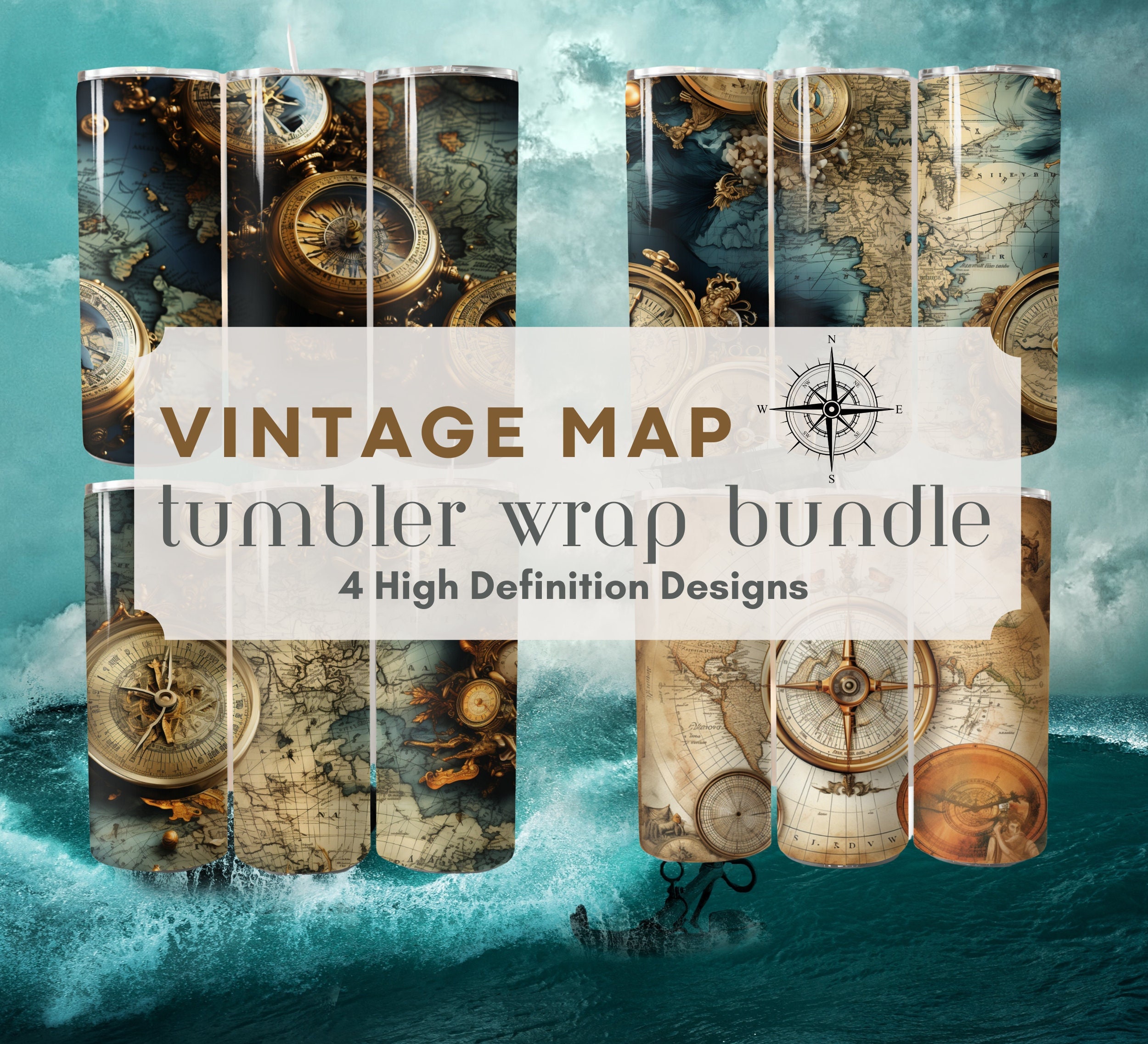 Set of 4 Vintage Map Tumbler Wrap Designs, Straight 20oz Tumbler ...
