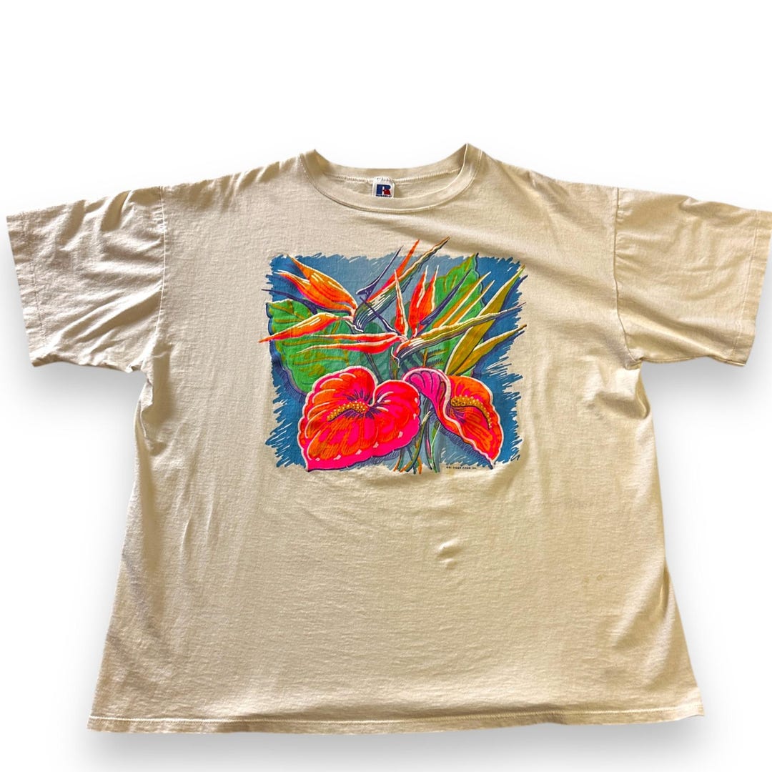 Vintage 1991 Tiger Rags Graphic T-shirt Tropical Floral Print Single ...