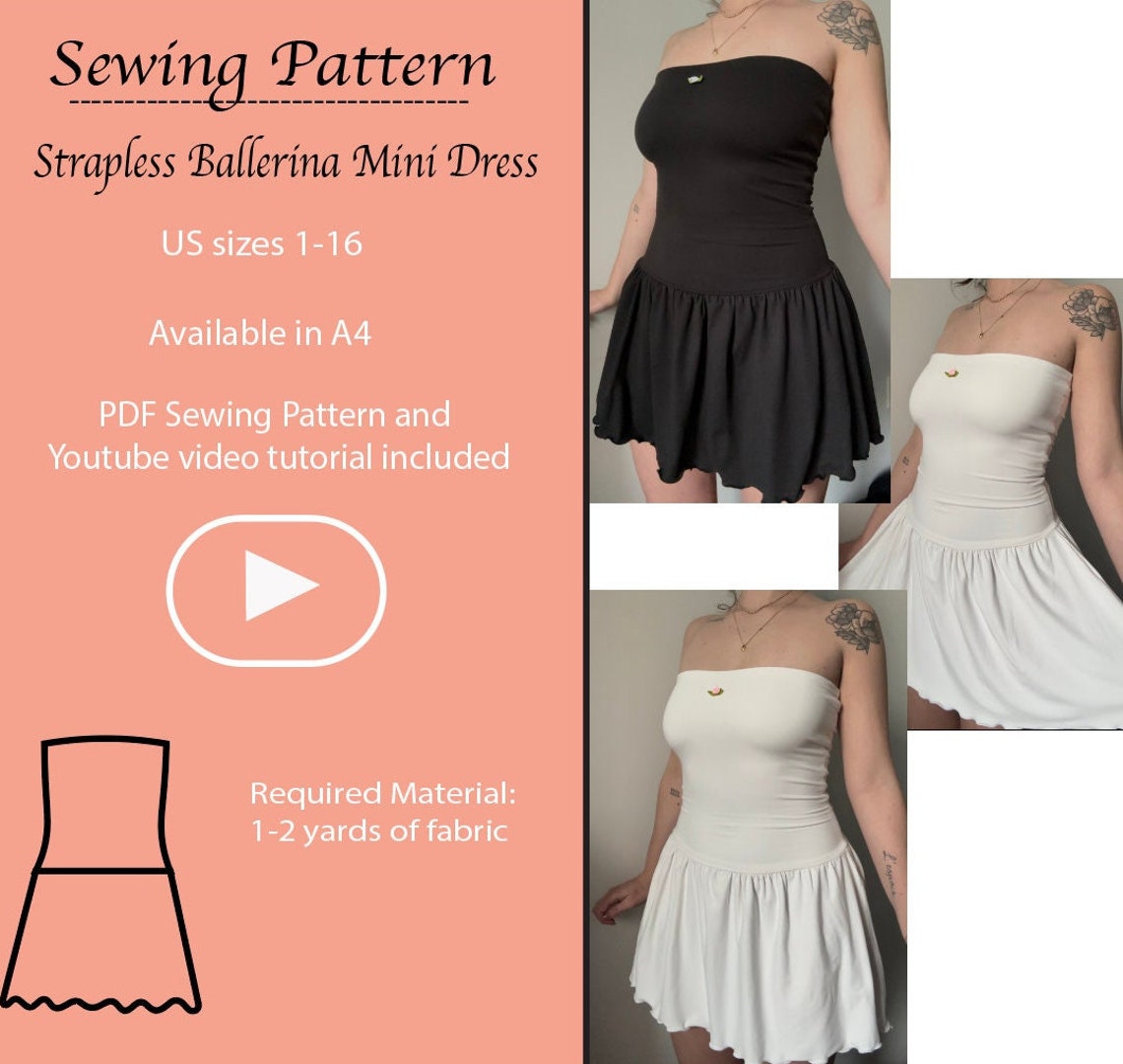 Strapless Ballerina Mini Dress PDF Sewing Pattern A4 - Etsy