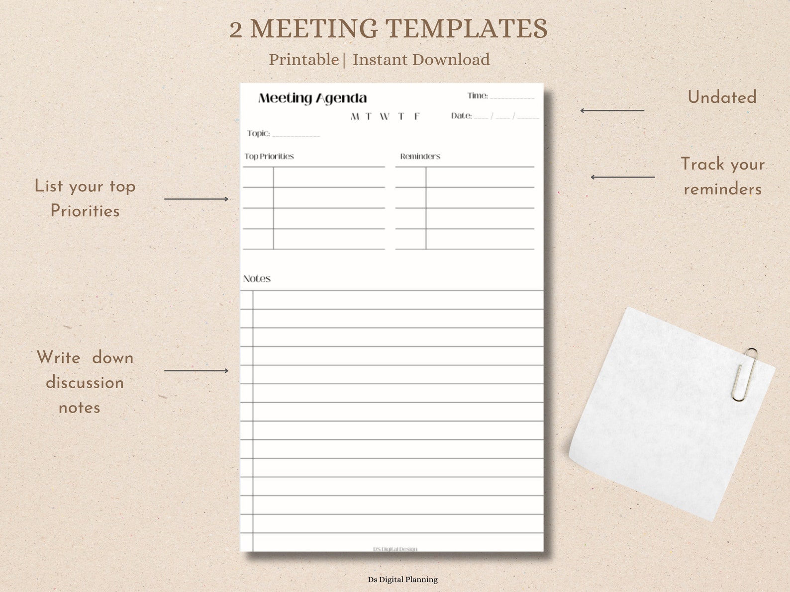 Meeting Notes, Printable Work Organizer, Meeting Agenda Template, Work ...