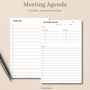 Meeting Notes, Printable Work Organizer, Meeting Agenda Template, Work ...