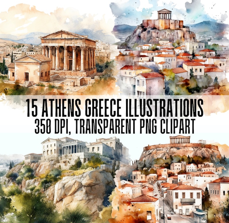 Watercolor Athens Greece Clipart. Greek, City, Town, Village, Ruins ...
