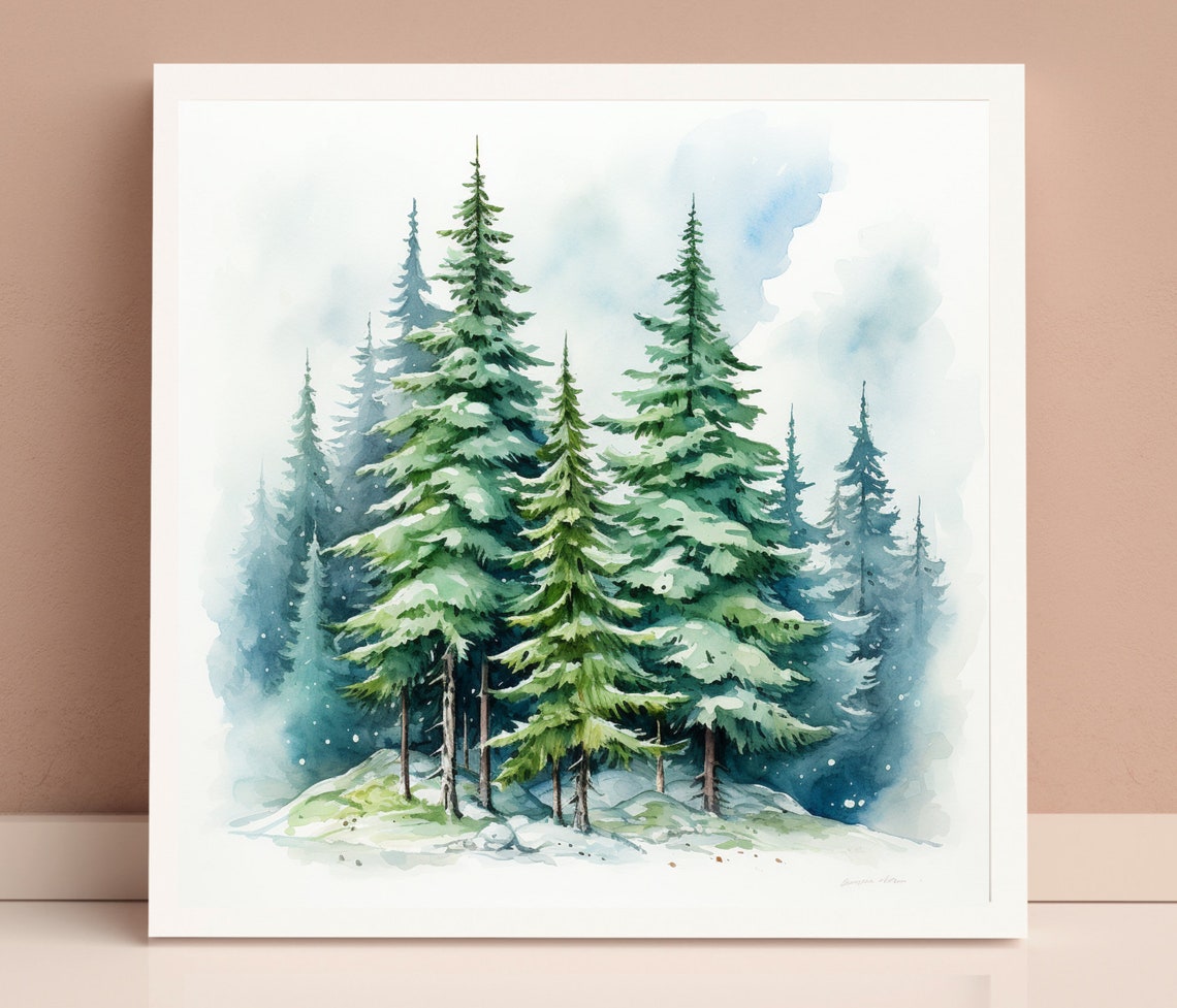 Watercolor Winter Forest Clipart Bundle, Snowy Trees, Sunsets, Lakes ...