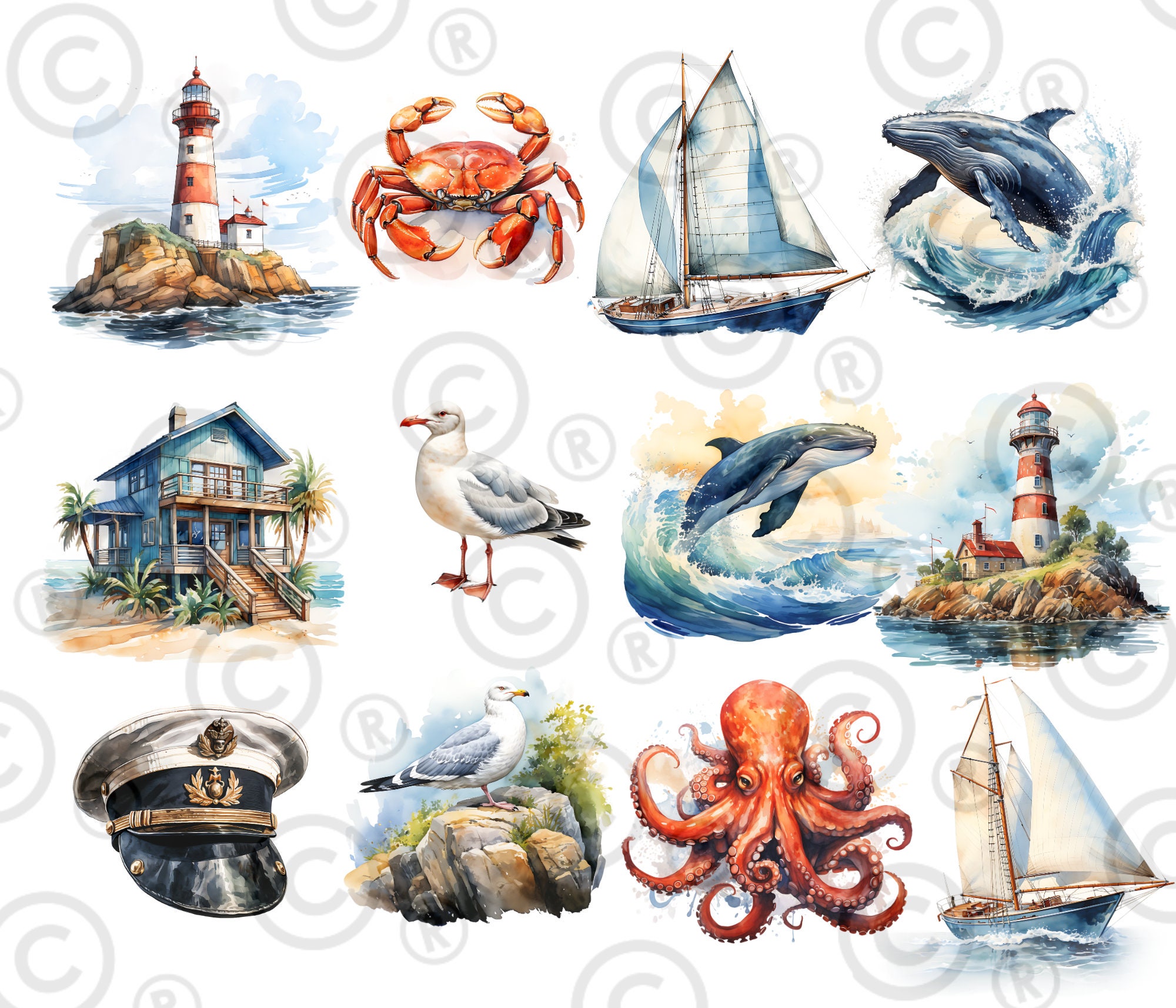 Watercolor Nautical Clipart Bundle: Seaside PNG Graphics (commercial ...