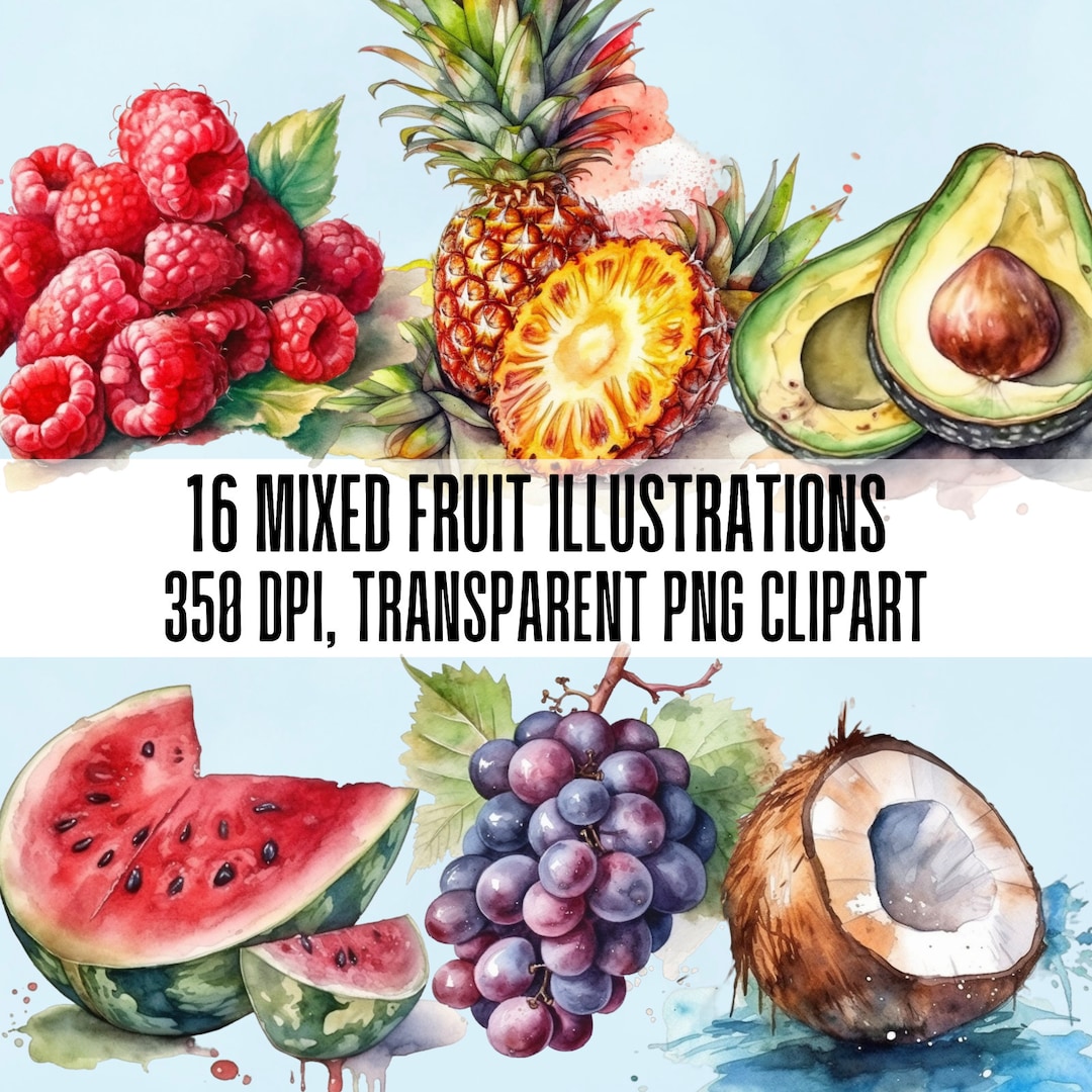16 Watercolor Mixed Fruits Clipart. Fruit Drawing, Tropical Fruit ...