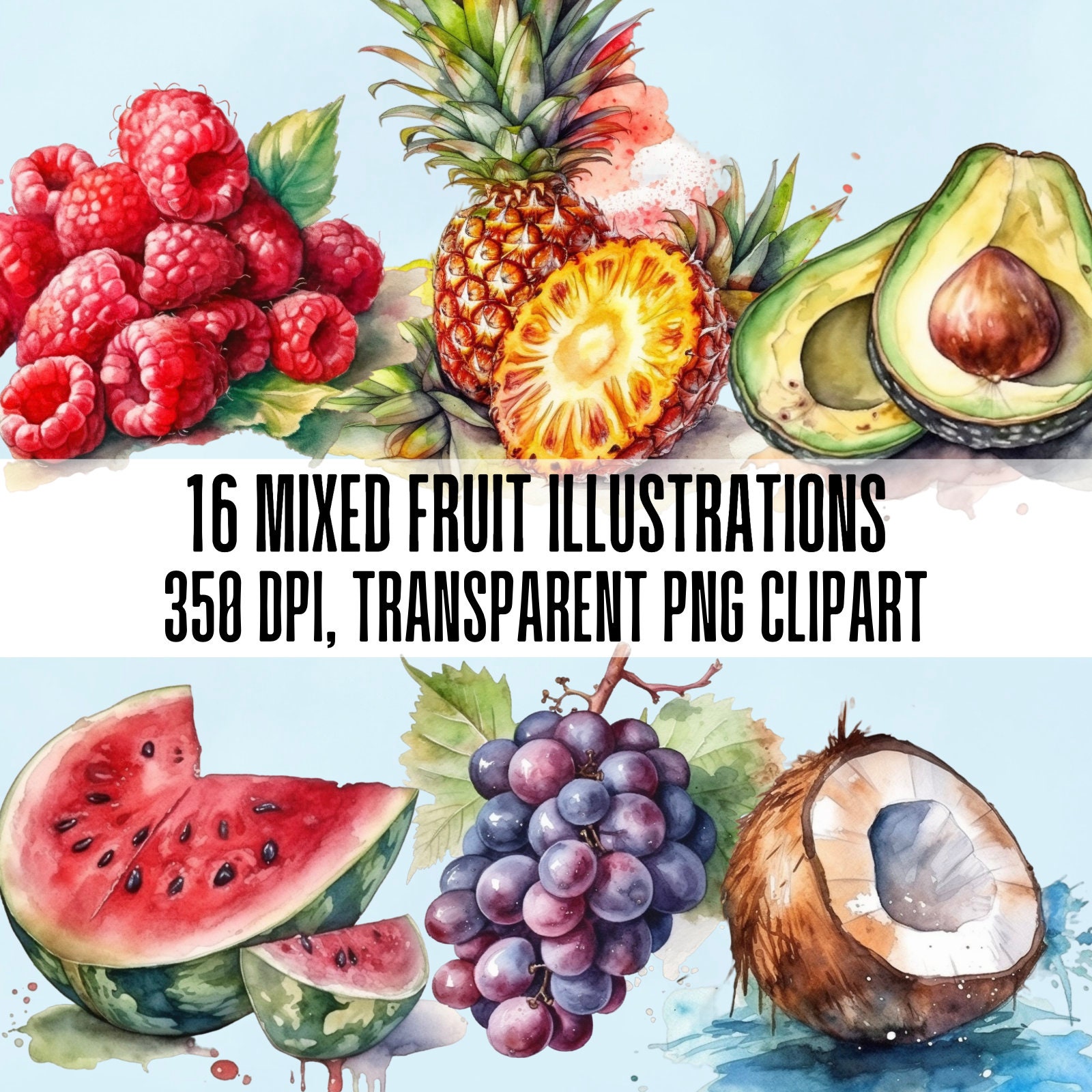 16 Watercolor Mixed Fruits Clipart. Fruit Drawing, Tropical Fruit ...