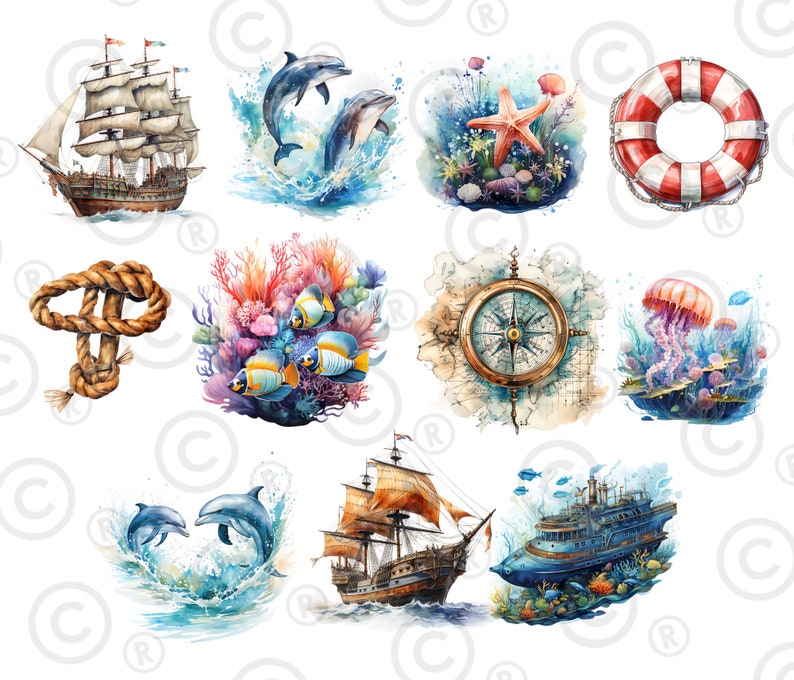 Watercolor Nautical Clipart Bundle: Seaside PNG Graphics (commercial ...