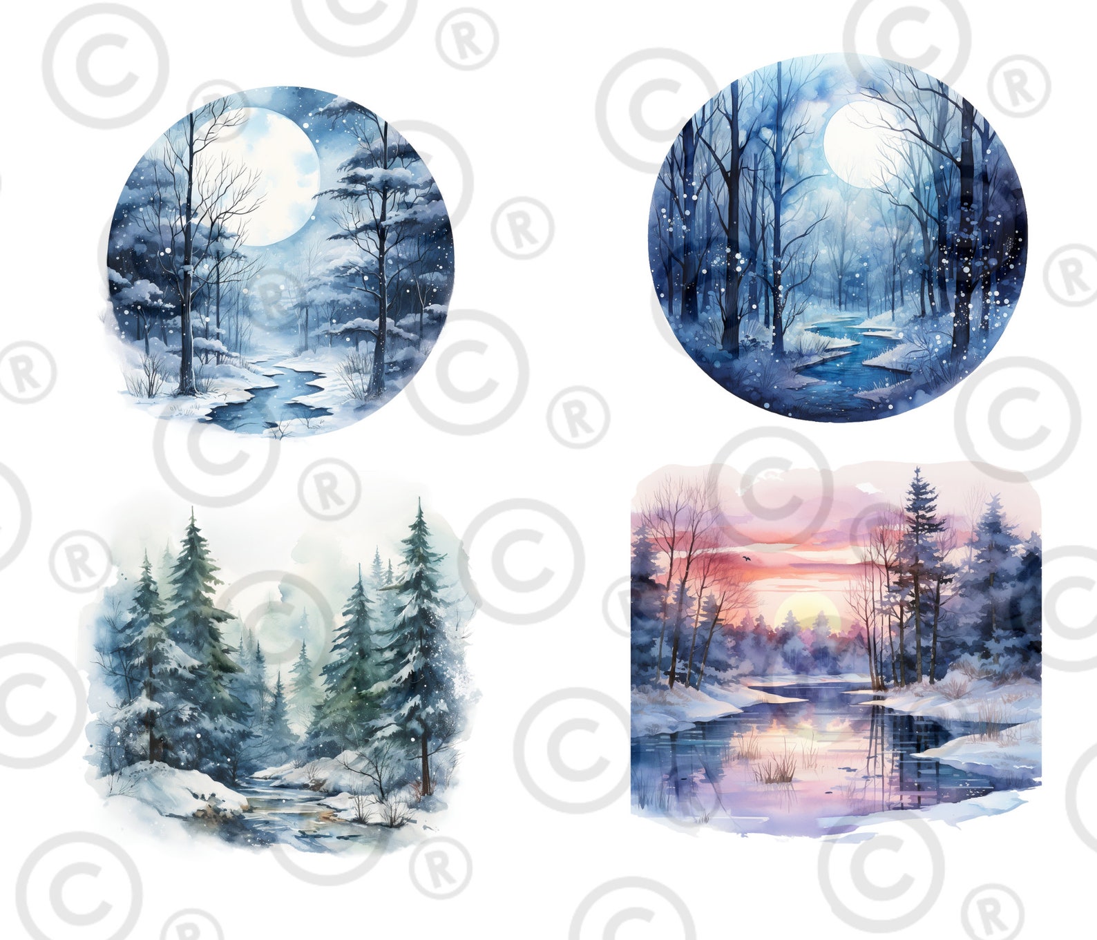 Watercolor Winter Forest Clipart Bundle, Snowy Trees, Sunsets, Lakes ...