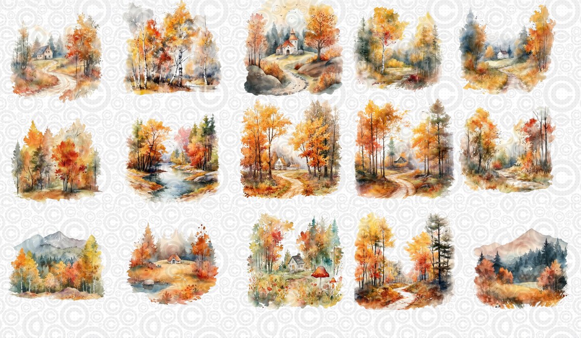 Fall Forest Clipart, Autumn Trees, Leaves, Lakes, Mountains, Nature ...