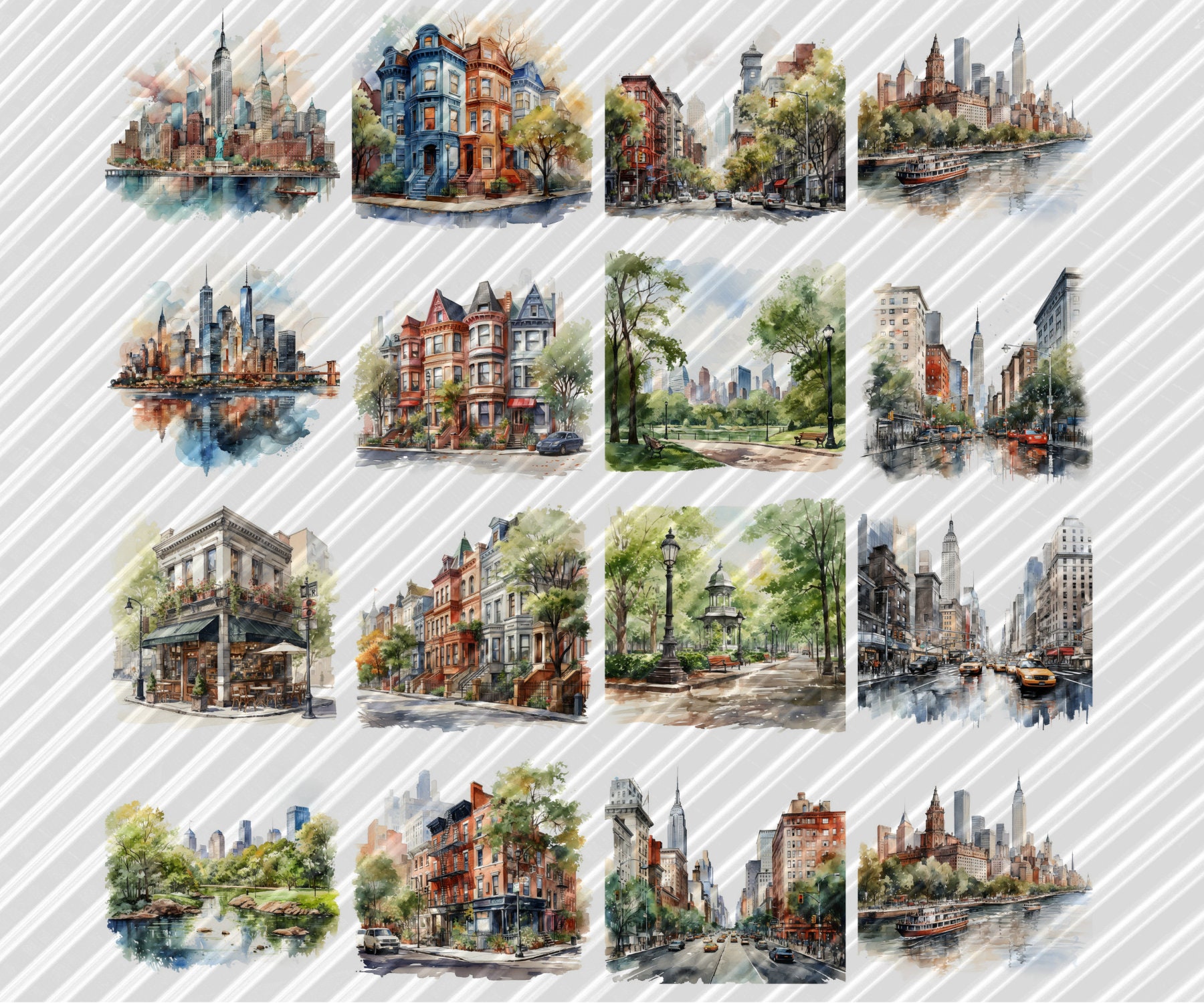 Watercolor New York City Clipart, Skyscrapers, Streets, Houses, and ...