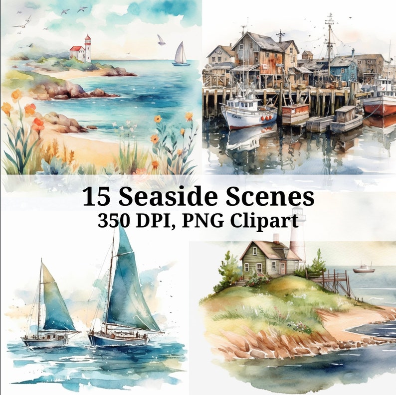 Watercolor Seaside Clipart Bundle Seaside Scenes, PNG, Commercial Use ...