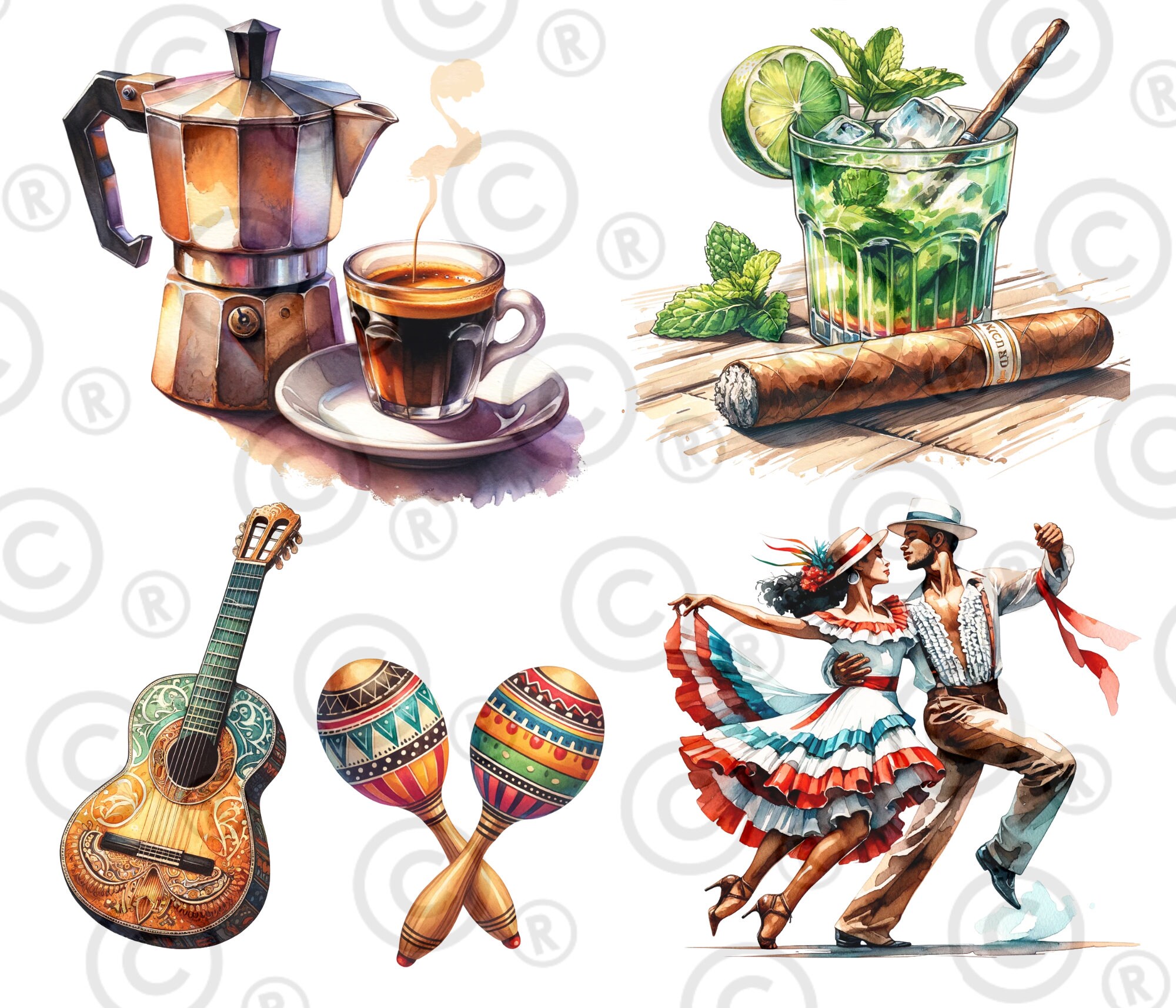 Watercolor Havana Cuba Clipart Bundle, Colorful Cuba Graphics ...