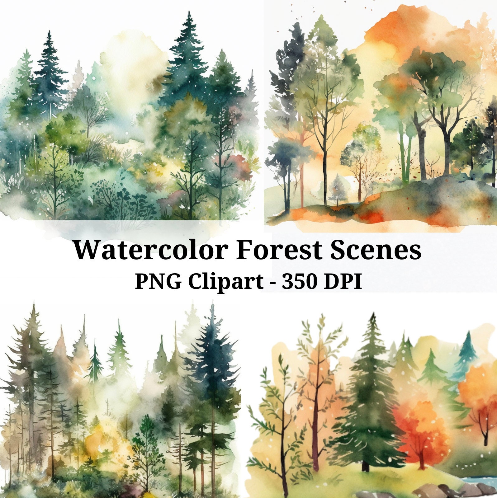 Watercolor Forest Clipart Bundle, Watercolor Trees, Commercial Use ...