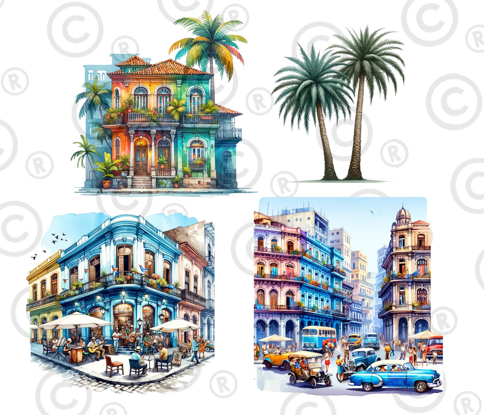 Watercolor Havana Cuba Clipart Bundle, Colorful Cuba Graphics ...