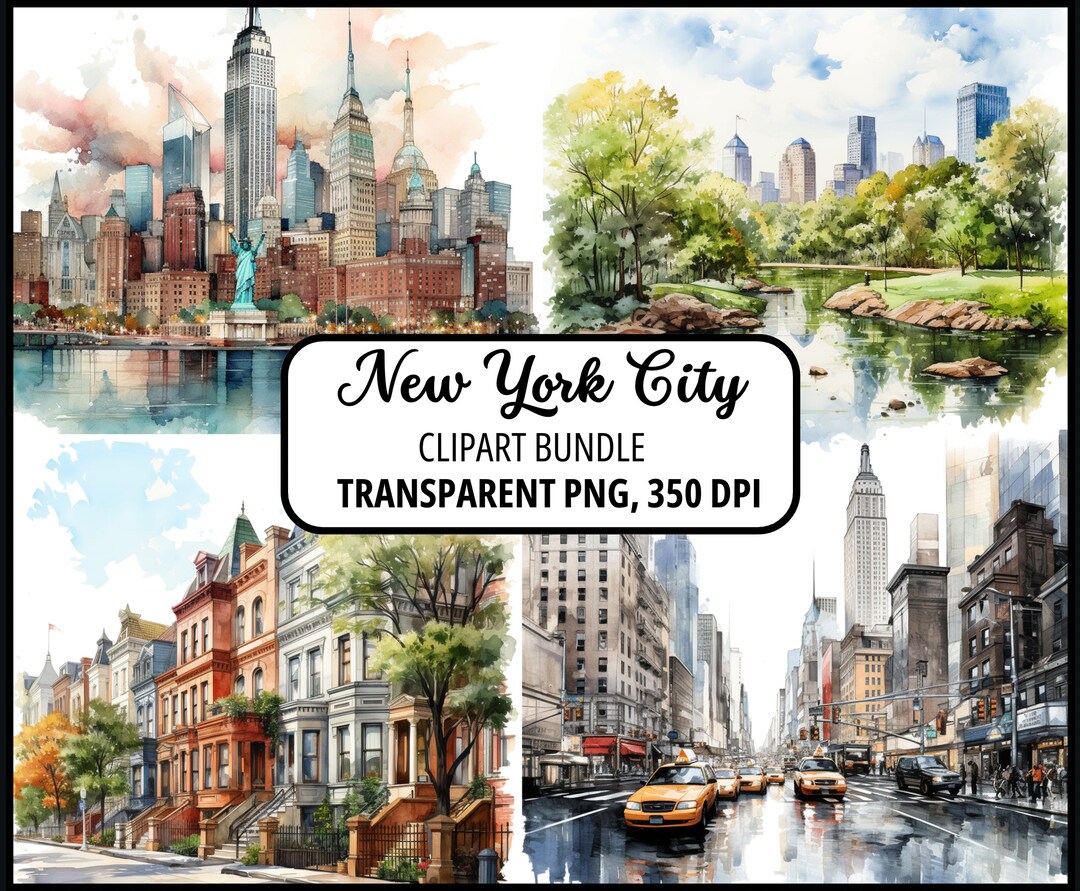 Watercolor New York City Clipart: Transparent PNG Bundle (350 DPI) - Etsy