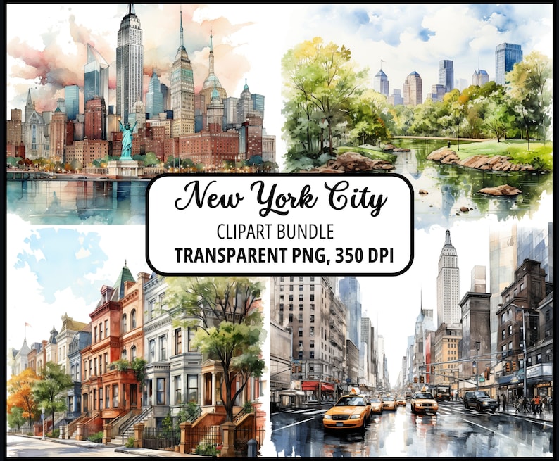 Watercolor New York City Clipart, Skyscrapers, Streets, Houses, and ...