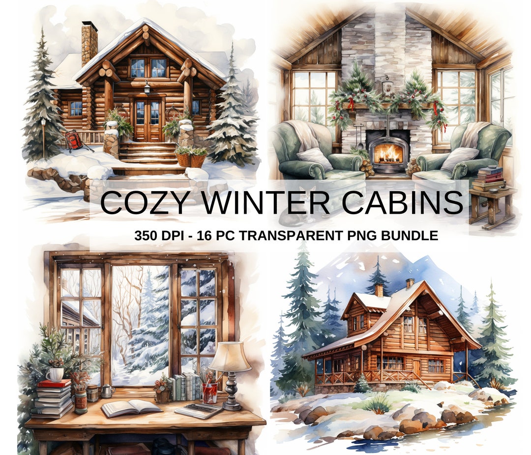 Winter Cabin Clipart, Cozy Home Decor Graphics, Rustic Cottage Prints ...