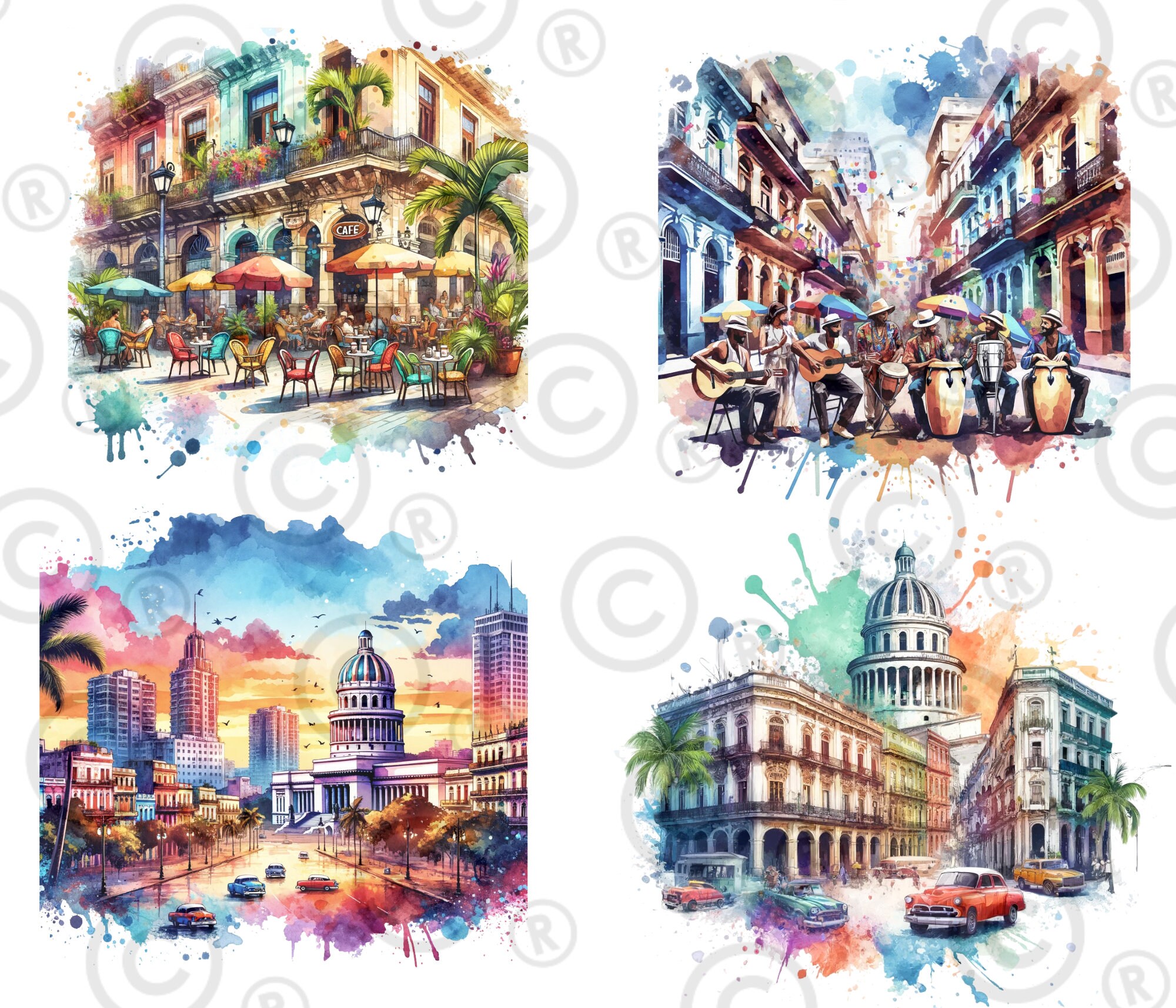 Watercolor Havana Cuba Clipart PNG Bundle, Tropical Clipart, Caribbean ...