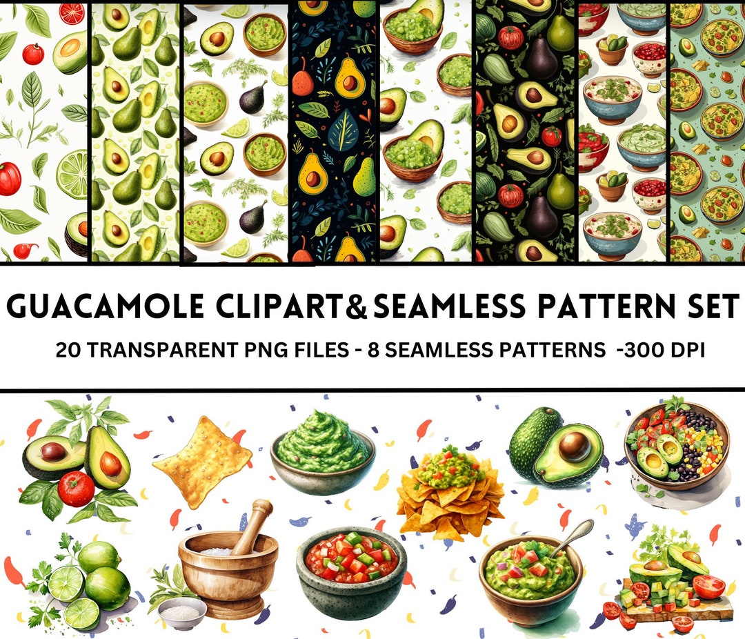 Guacamole Clipart & Seamless Pattern Set - Watercolor Avocado Drawings ...