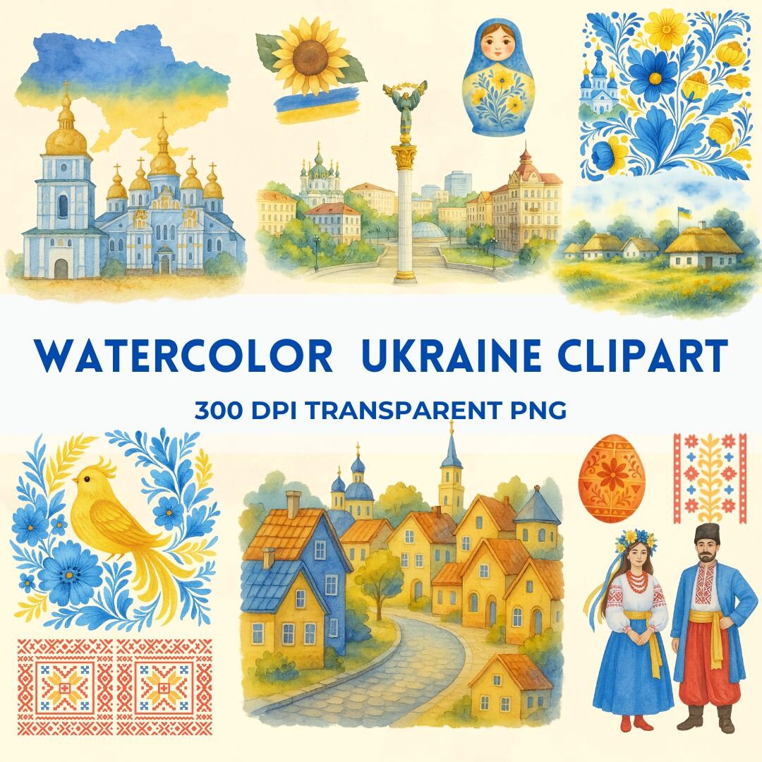 Ukraine Clipart Bundle, Watercolor PNG Printable, Kiev Landmarks, Folk ...