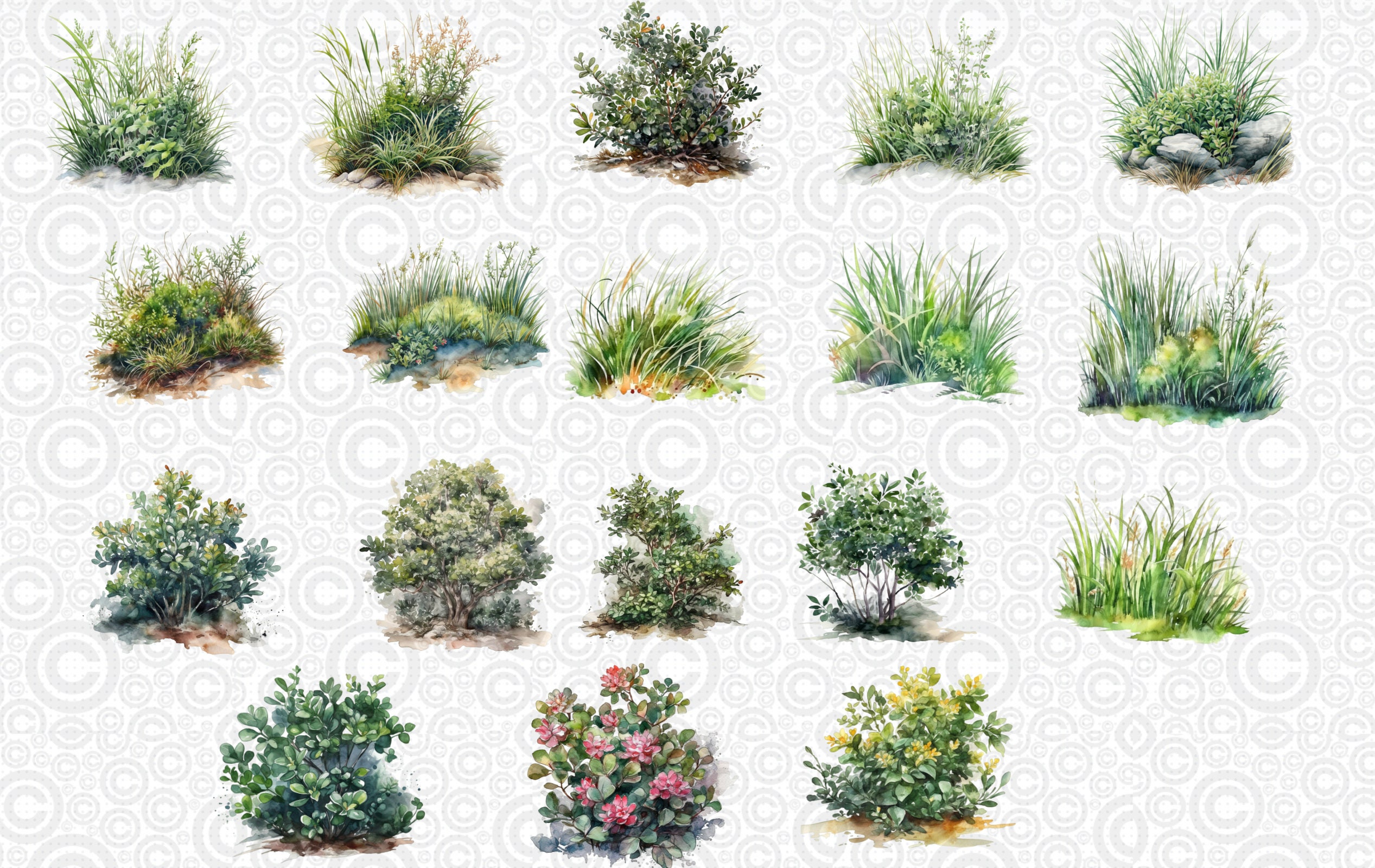 Watercolor Grass and Bushes Clipart PNG Bundle Commercial Use ...