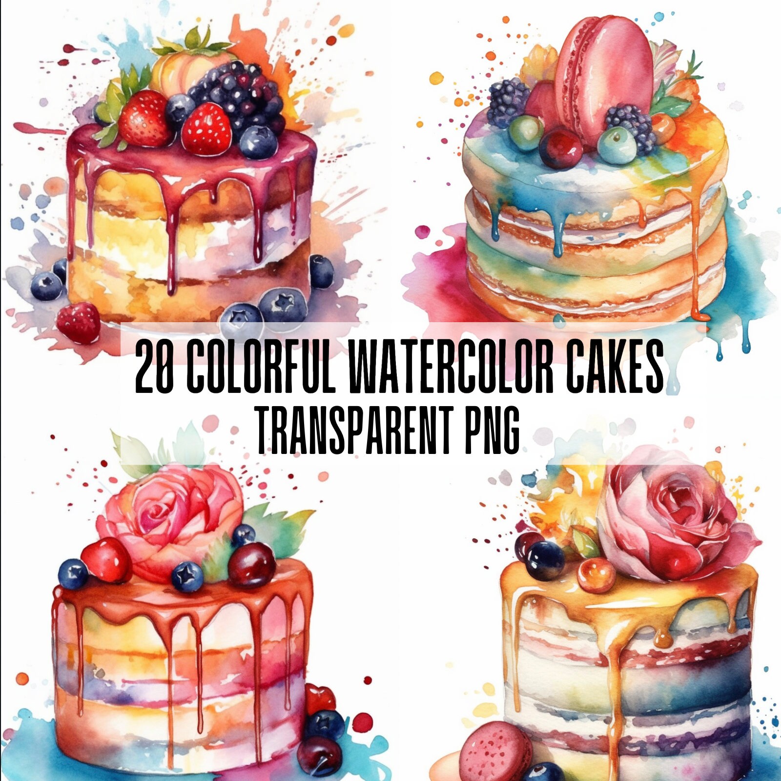 Colorful Watercolor Cake Clipart, Fruit, Flowers Clipart, Dessert ...