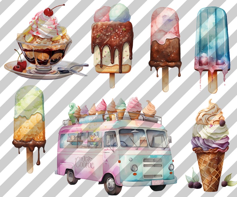 Watercolor Ice Cream Clipart Bundle. Transparent PNG - Etsy