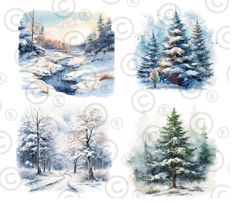 Watercolor Winter Forest Clipart, Nature Landscape Paintings With Snowy ...